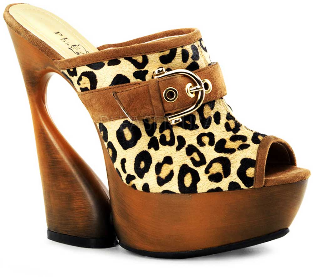 Sexy Leopard Print Faux Wood Platform Clog Mule Sculpted Heels Shoes