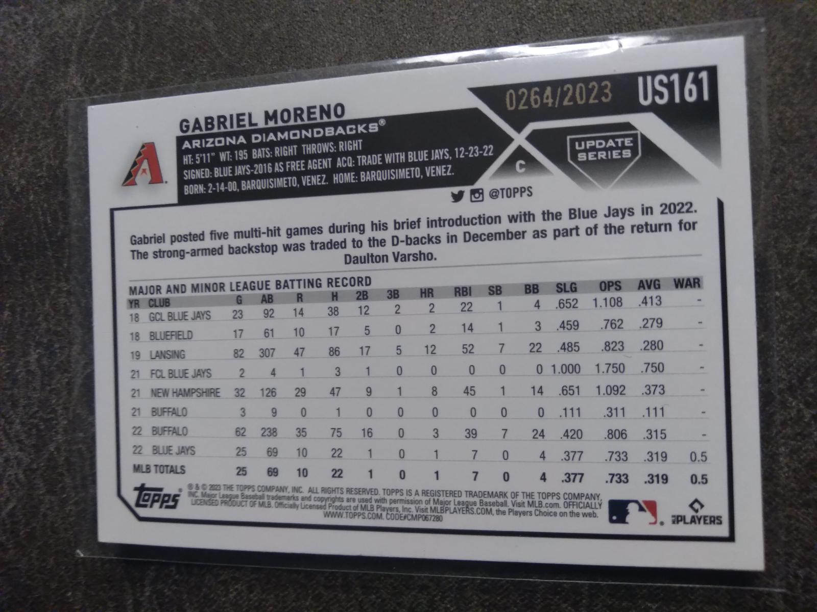 Gabriel Moreno [Gold] #US161 Prices | 2023 Topps Update | Baseball Cards