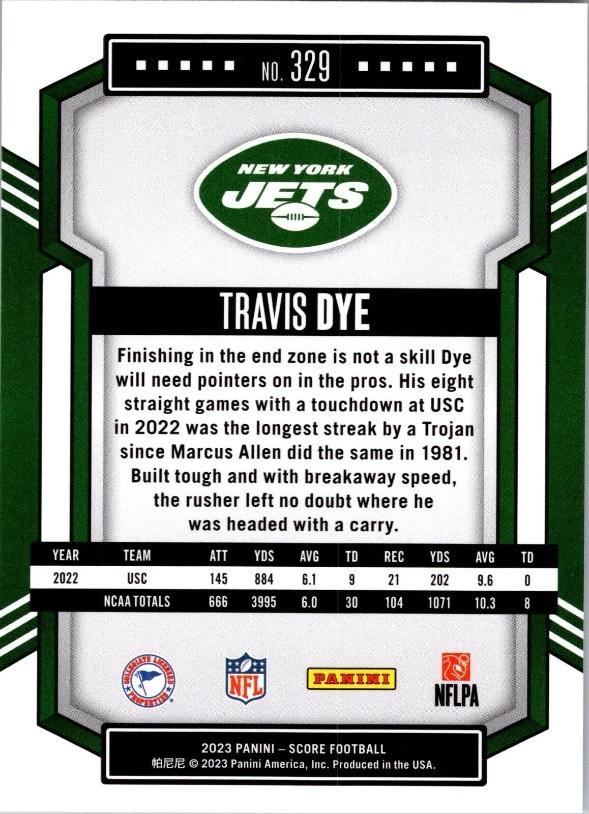 Travis Dye #329 Prices [Rookie] | 2023 Panini Score | Football Cards