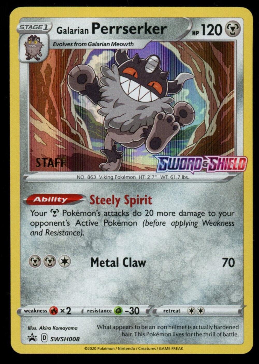 Galarian Perrserker [Staff] #SWSH008 Prices | Pokemon Promo | Pokemon Cards
