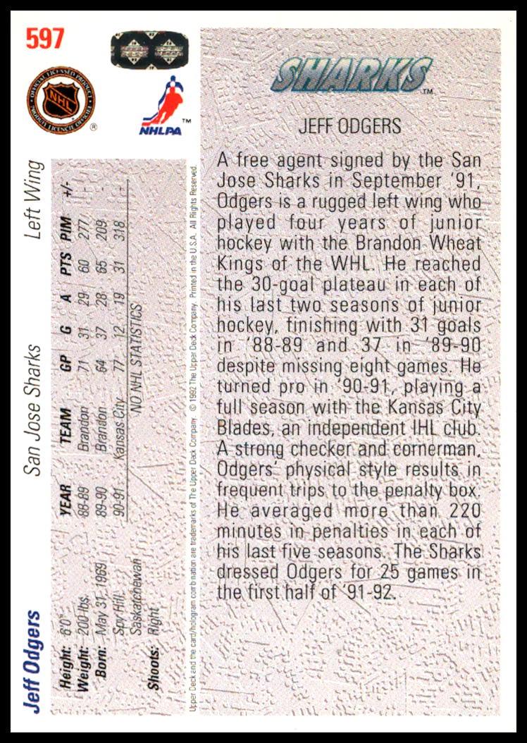 Jeff Odgers #597 Prices [Rookie] | 1991 Upper Deck | Hockey Cards