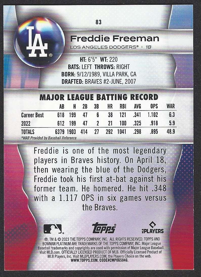 Freddie Freeman #83 Prices | 2023 Bowman Platinum | Baseball Cards