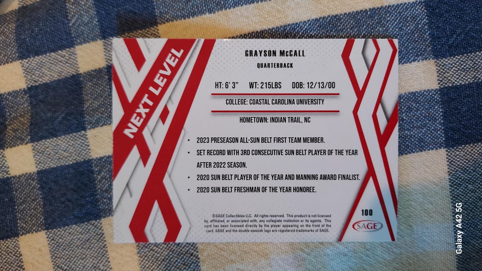 Grayson McCall #100 Prices | 2024 Sage HIT | Football Cards