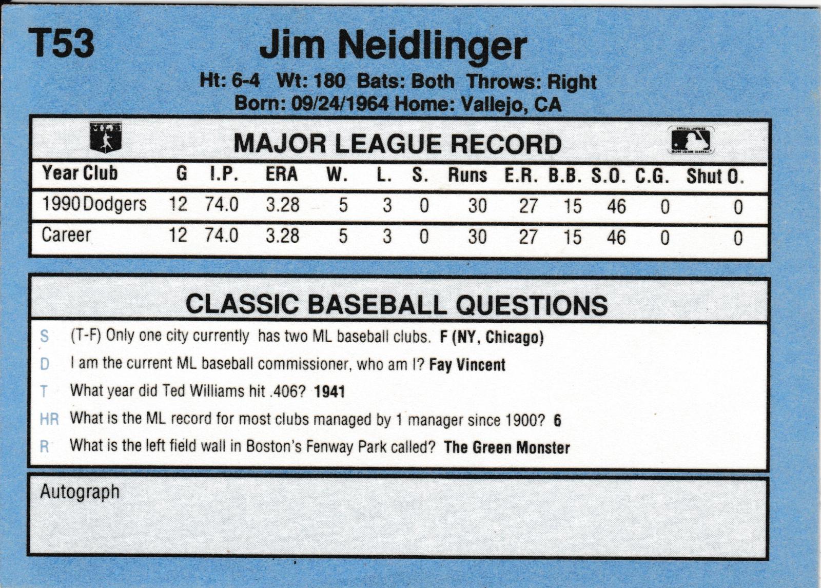 Jim Neidlinger #T53 Prices | 1991 Classic | Baseball Cards