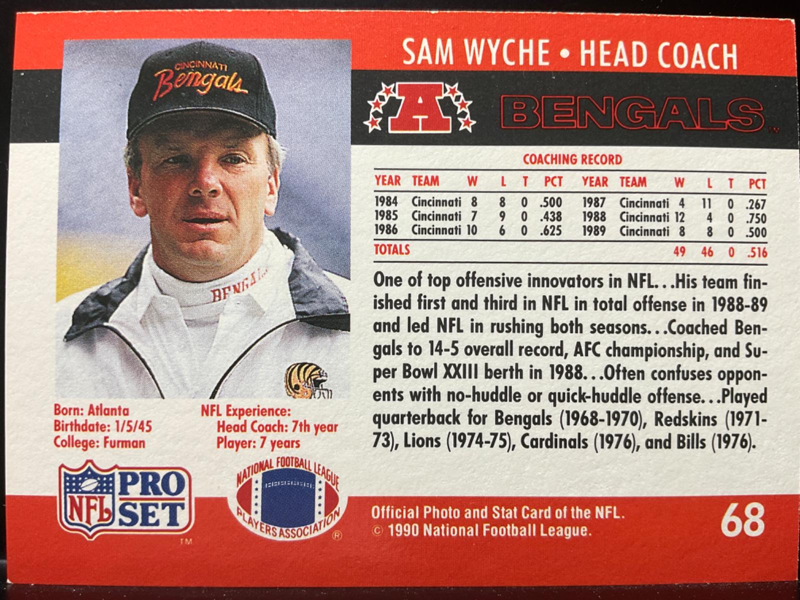 Sam Wyche [Bio Notes Under Photo] #68 Prices | 1990 Pro Set | Football ...
