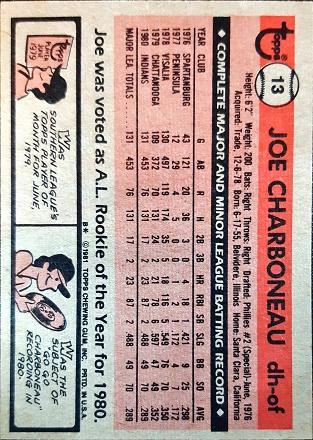 Joe Charboneau #13 Prices [Rookie] | 1981 Topps | Baseball Cards