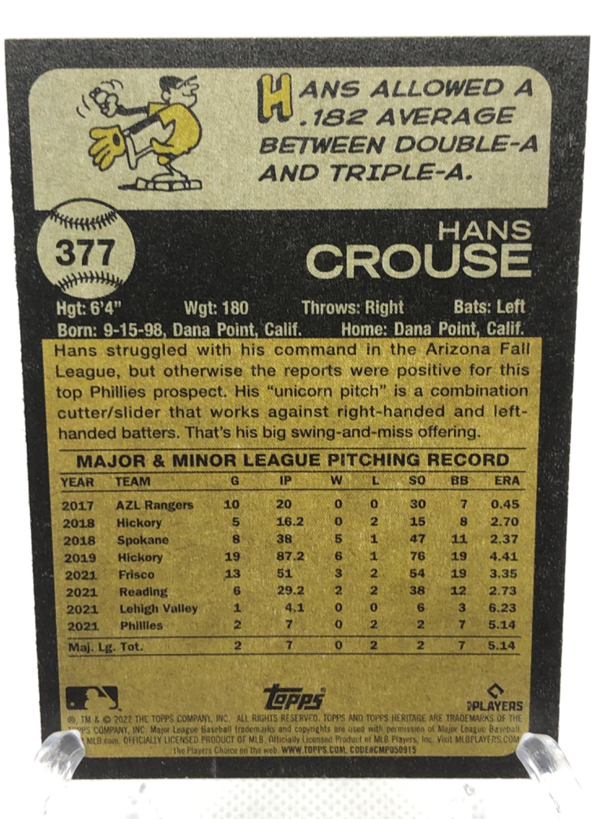 Hans Crouse #377 Prices [Rookie] | 2022 Topps Heritage | Baseball Cards