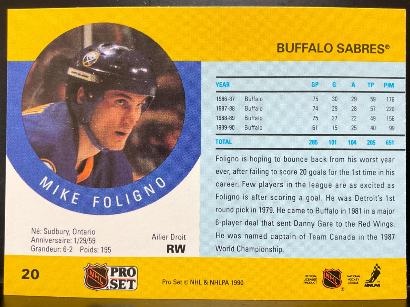 Mike Foligno #20 Prices | 1990 Pro Set | Hockey Cards