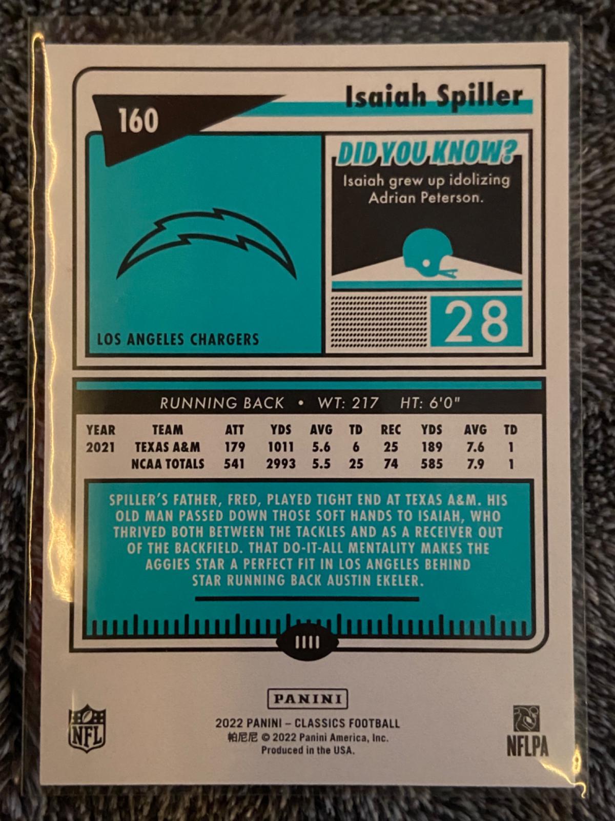 Isaiah Spiller [Blue Back] #160 Prices [Rookie] | 2022 Panini Classics ...