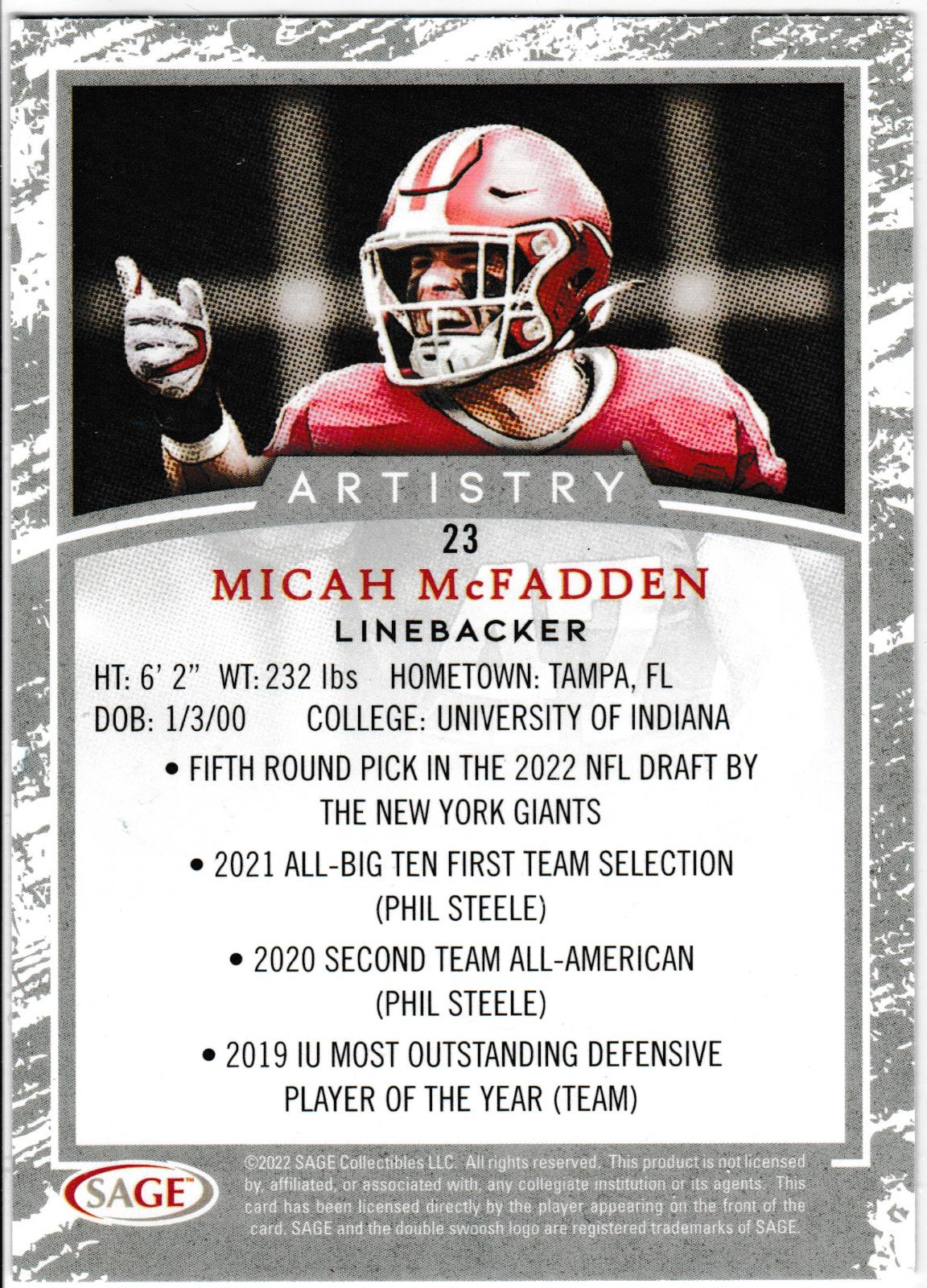 Micah McFadden #23 Prices | 2022 Sage Artistry | Football Cards