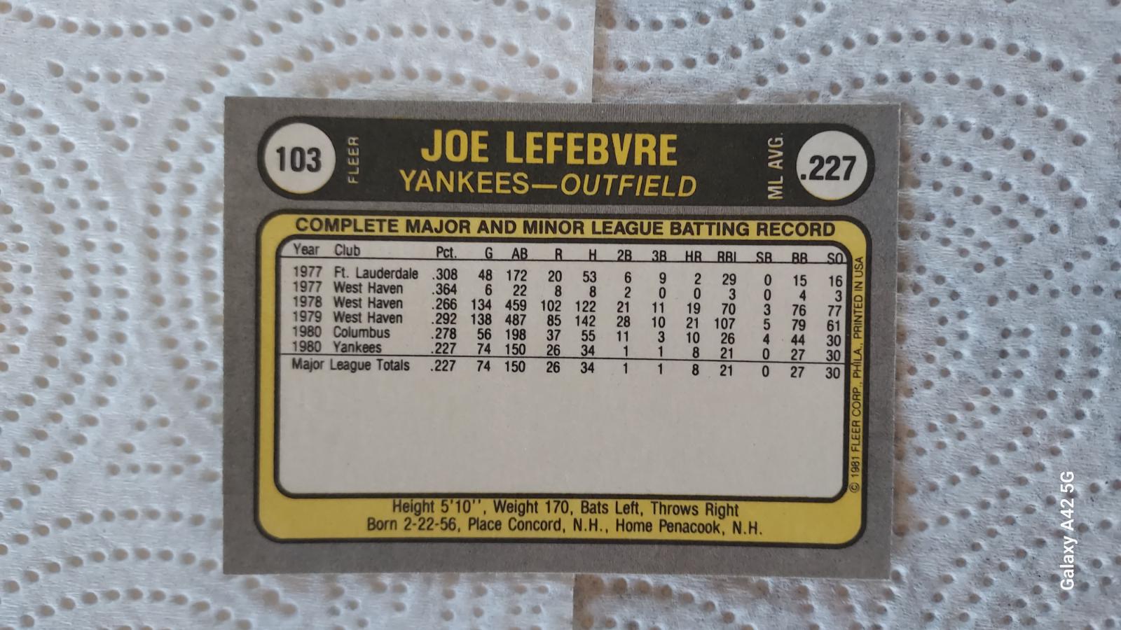 Joe LeFebvre #103 Prices | 1981 Fleer | Baseball Cards