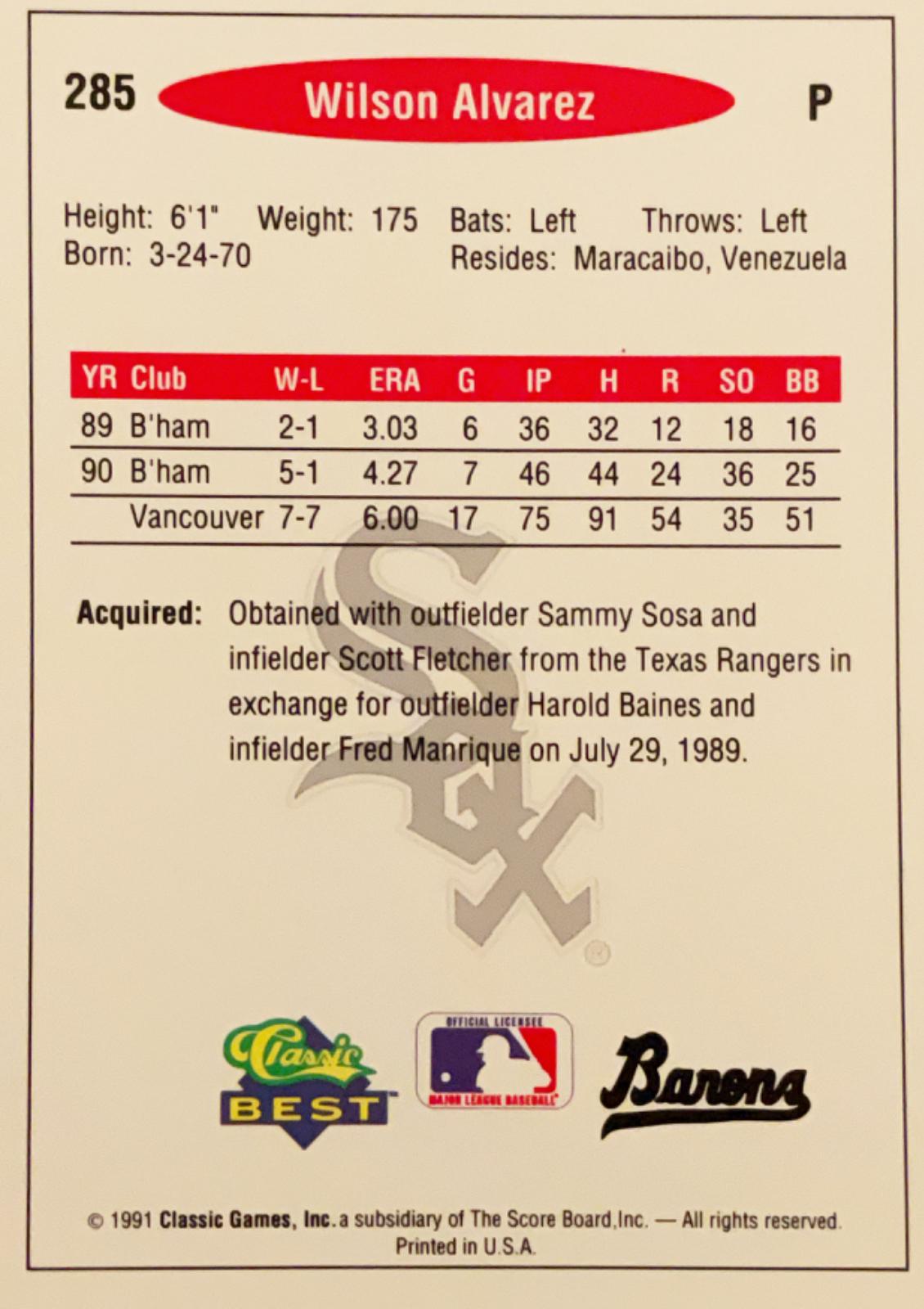 Wilson Alvarez #285 Prices | 1991 Classic Best | Baseball Cards