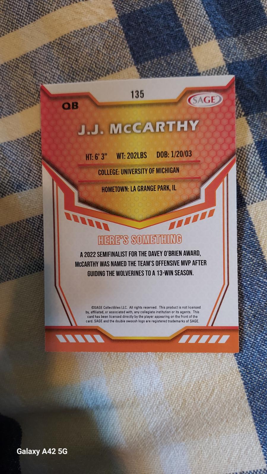 J.J. McCarthy [Blue] #135 Prices | 2024 Sage HIT | Football Cards