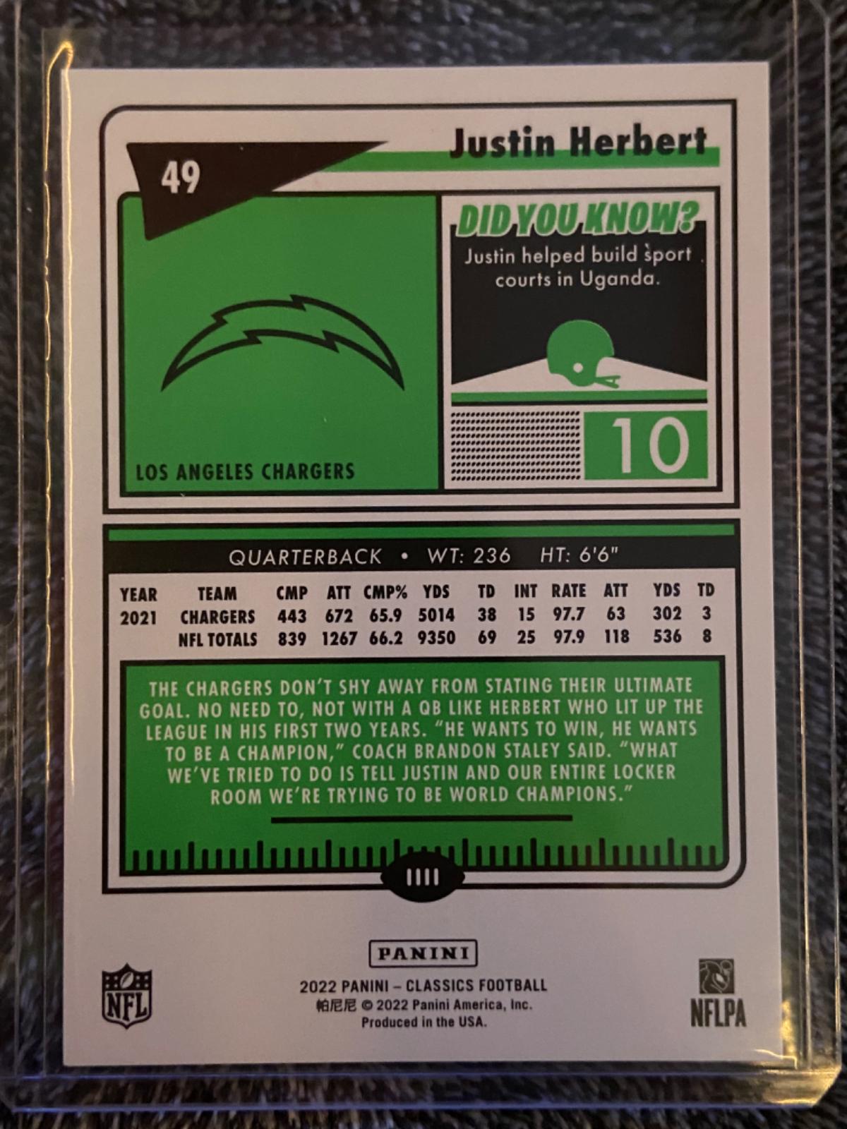 Justin Herbert [Green Back] #49 Prices | 2022 Panini Classics ...