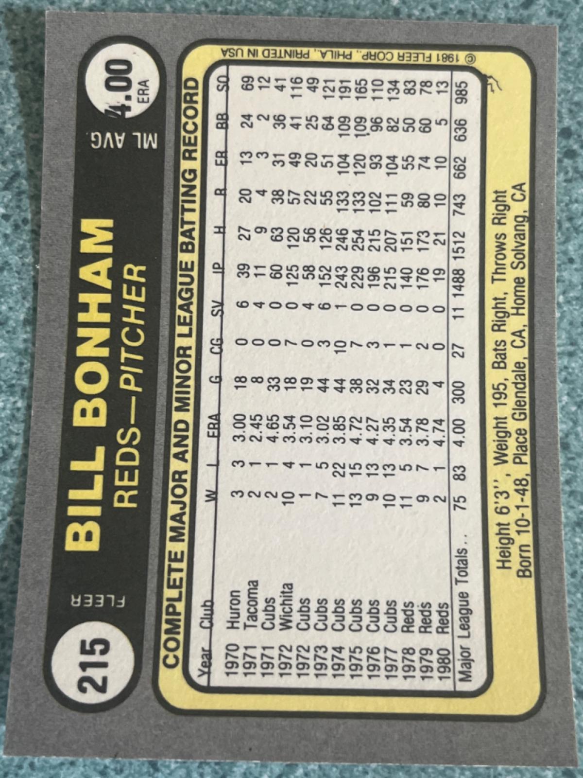 Bill Bonham [Small Finger on Back] #215 Prices | 1981 Fleer | Baseball ...