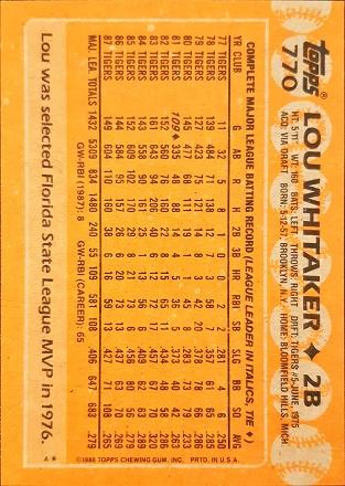 Lou Whitaker #770 Prices | 1988 Topps | Baseball Cards