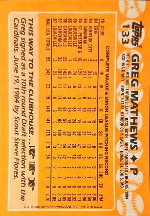 Greg Mathews #133 Prices | 1988 Topps | Baseball Cards