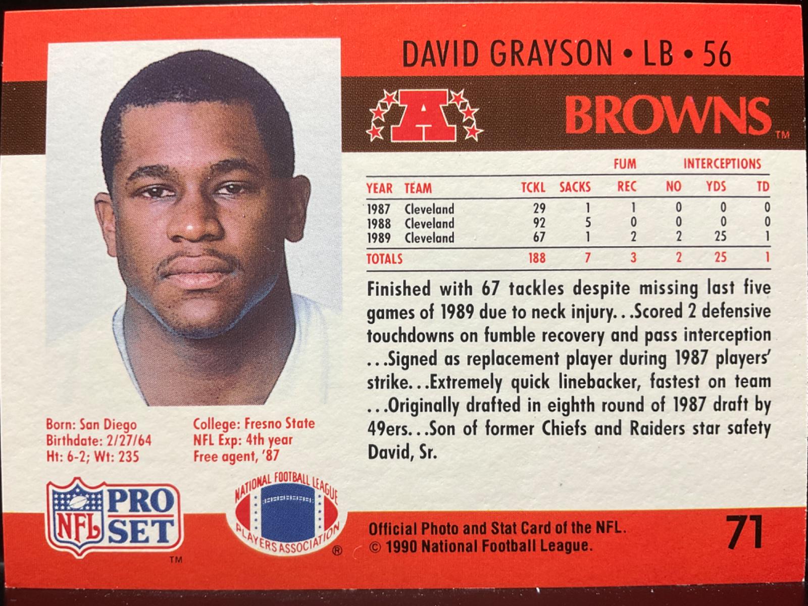 David Grayson #71 Prices [Rookie] | 1990 Pro Set | Football Cards