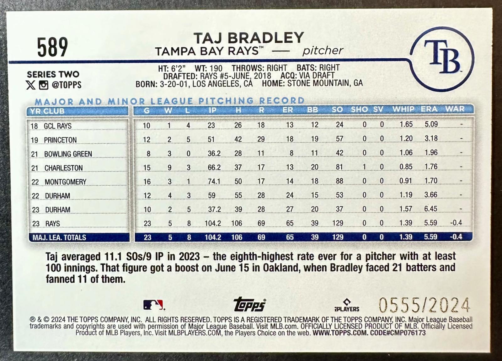 Taj Bradley [Gold] #589 Prices | 2024 Topps | Baseball Cards