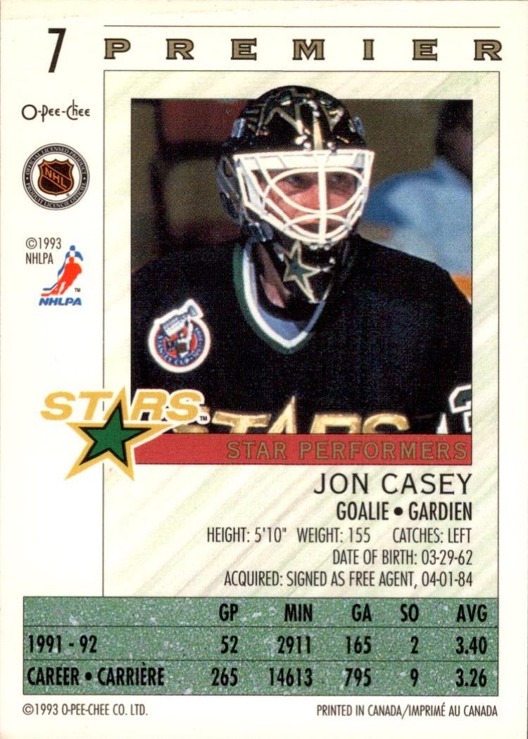 Jon Casey #7 Prices | 1992 O-Pee-Chee Premier Star Performers | Hockey ...