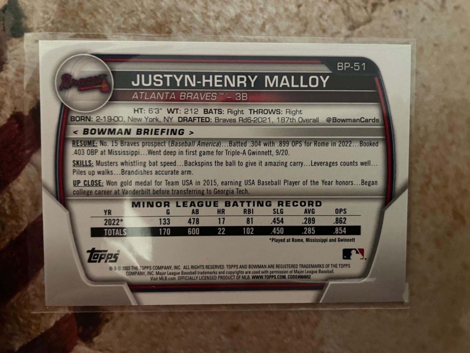 Justyn Henry Malloy #BP-51 Prices | 2023 Bowman Paper Prospects ...