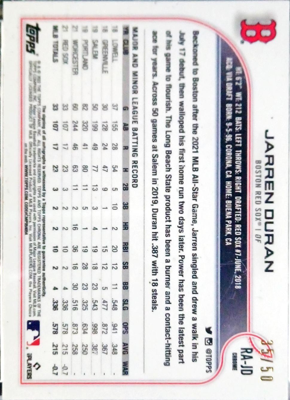 Jarren Duran [Gold] #RA-JD Prices | 2022 Topps Chrome Rookie Autographs ...