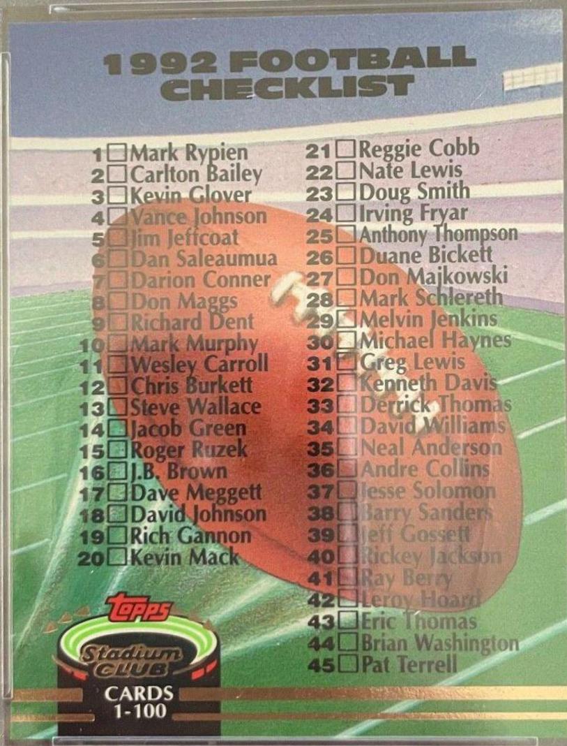 Checklist 1-100 #288 Prices | 1992 Stadium Club | Football Cards