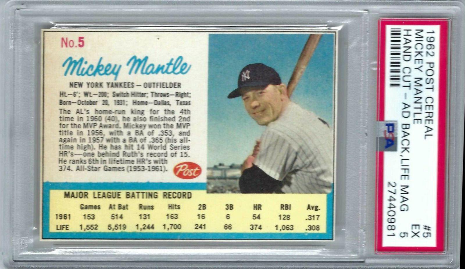 Mickey Mantle [Hand Cut Ad Back, Life Mag] #5 Prices | 1962 Post Cereal ...