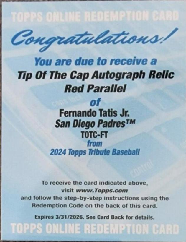 Fernando Tatis Jr. [Red] #TOTC-FT Prices | 2024 Topps Tribute Tip of ...