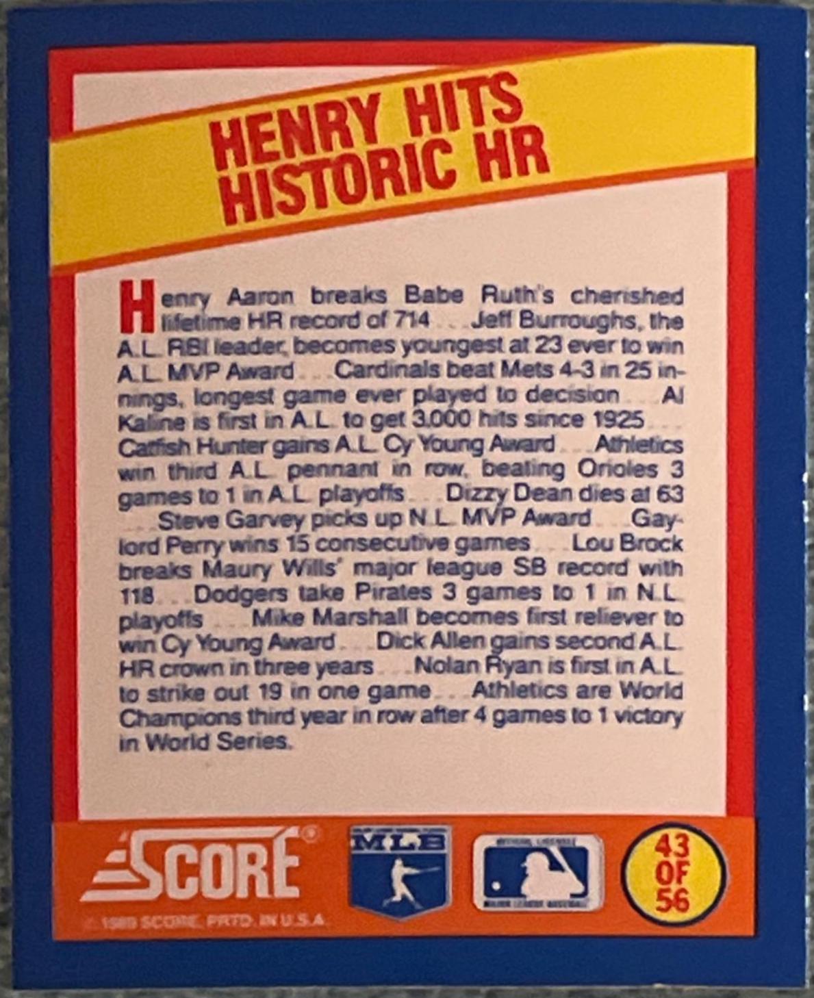 Henry Hits Historic HR #43 Prices | 1989 Score Magic Motion Trivia A ...