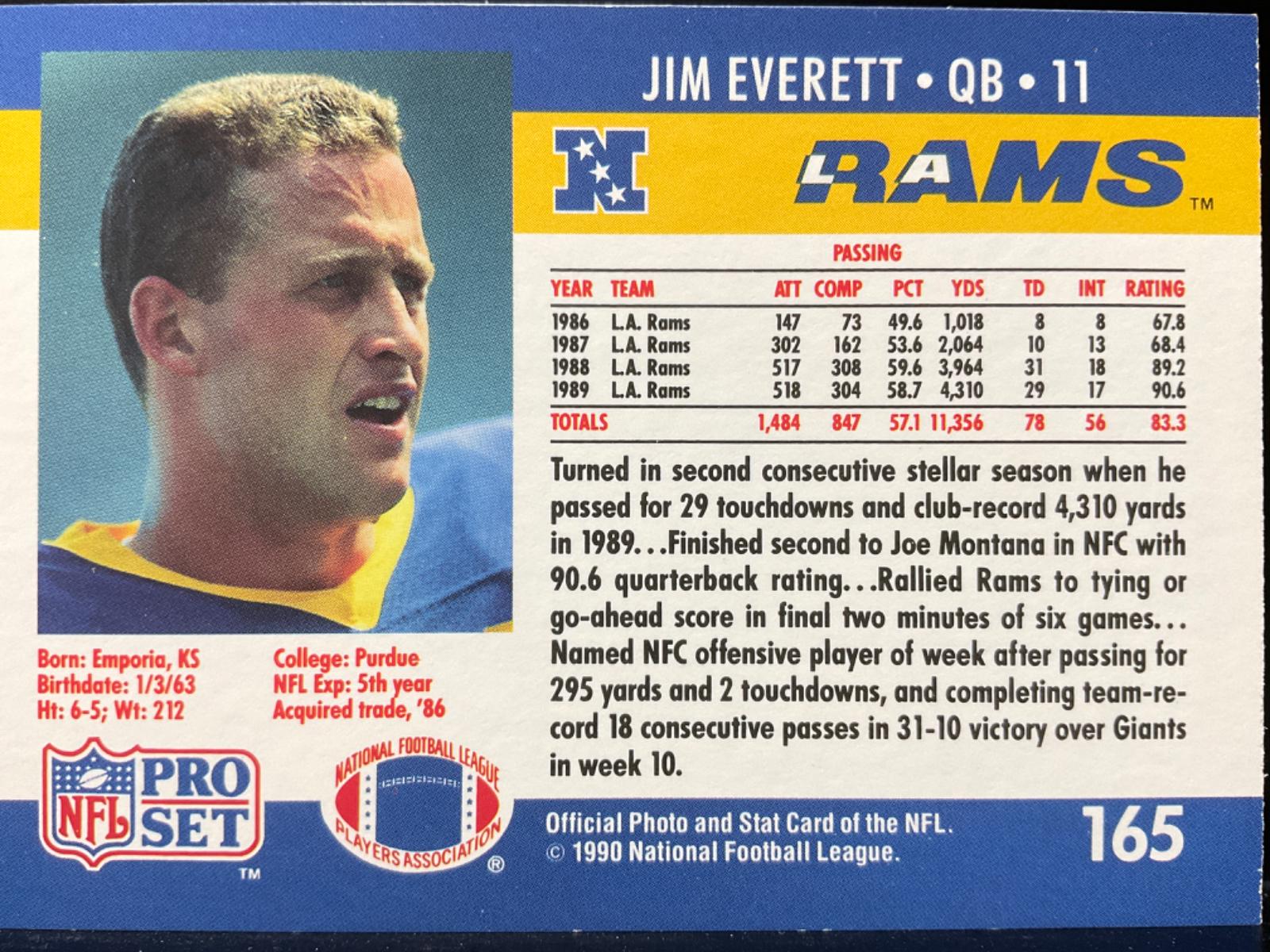 Jim Everett #165 Prices | 1990 Pro Set | Football Cards