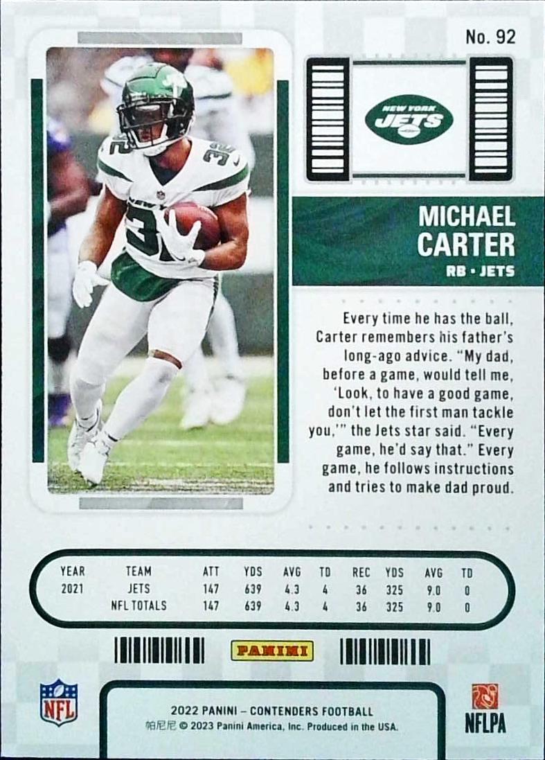 Michael Carter #92 Prices | 2022 Panini Contenders | Football Cards