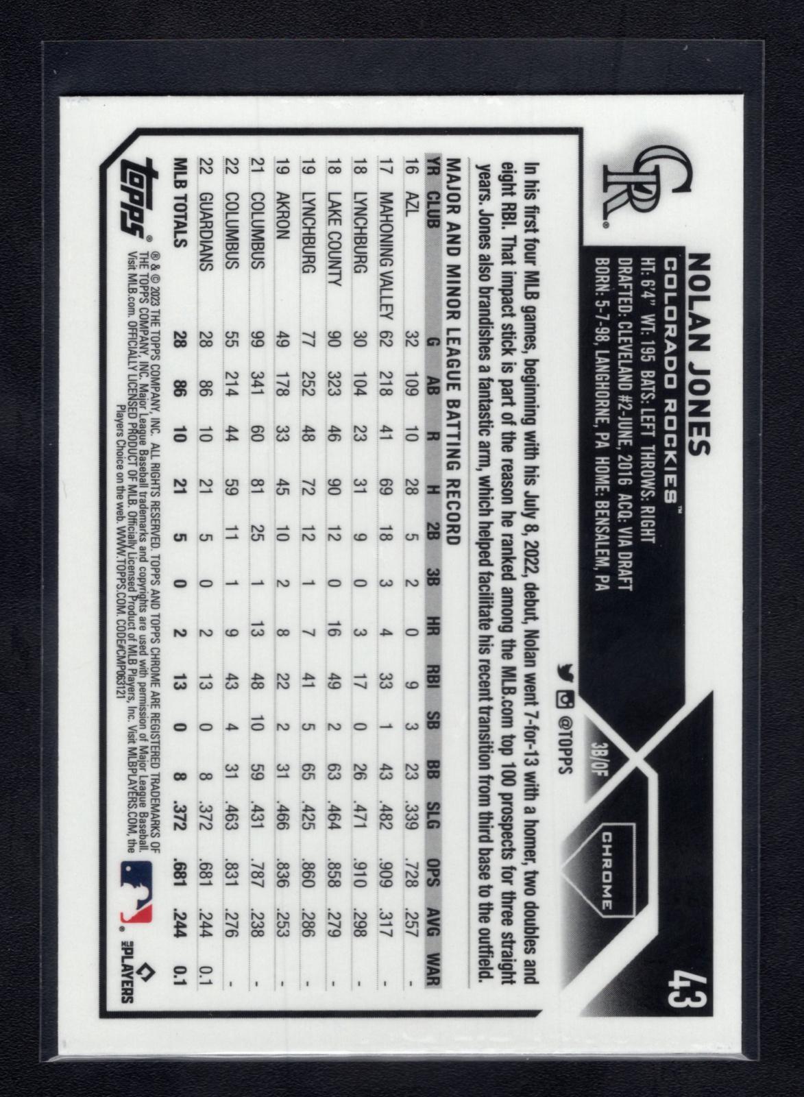 Nolan Jones #43 Prices [Rookie] | 2023 Topps Chrome | Baseball Cards