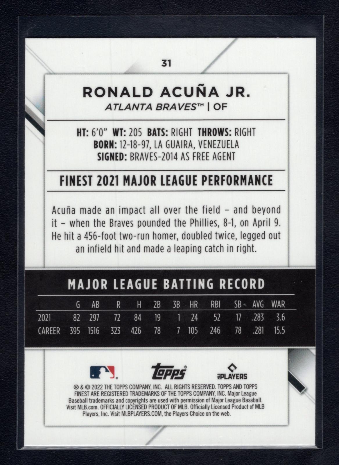 Ronald Acuna Jr. #31 Prices | 2022 Topps Finest | Baseball Cards