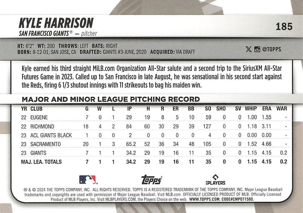 Kyle Harrison #185 Prices [Rookie] | 2024 Topps Big League Baseball ...