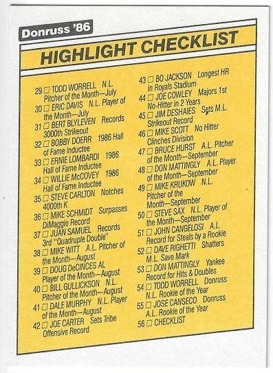 Checklist #1-56 #56 Prices | 1986 Donruss Highlights | Baseball Cards